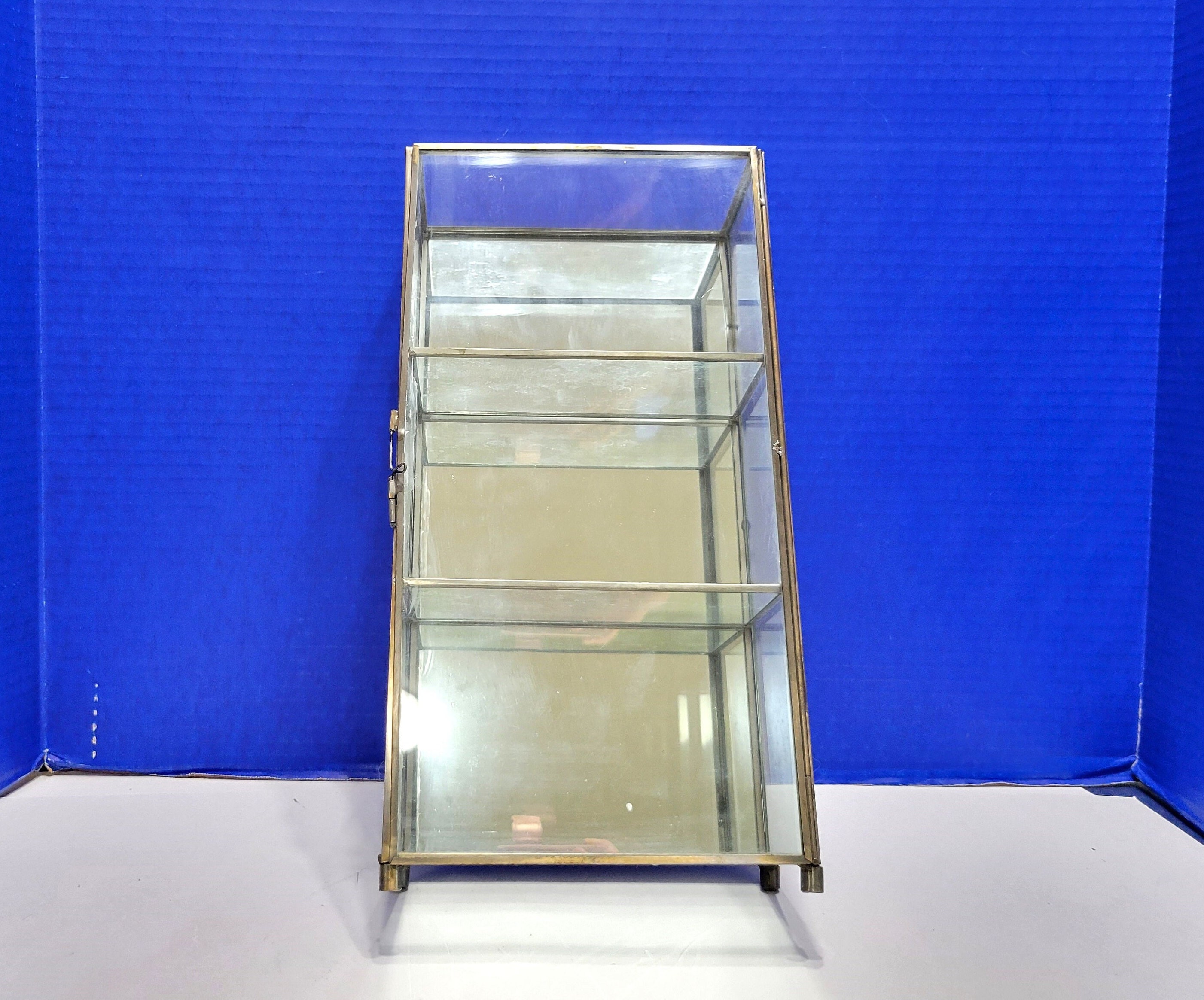 Vintage Large Rectangular Metal Display Cabinet Mirrored Glass Shelves