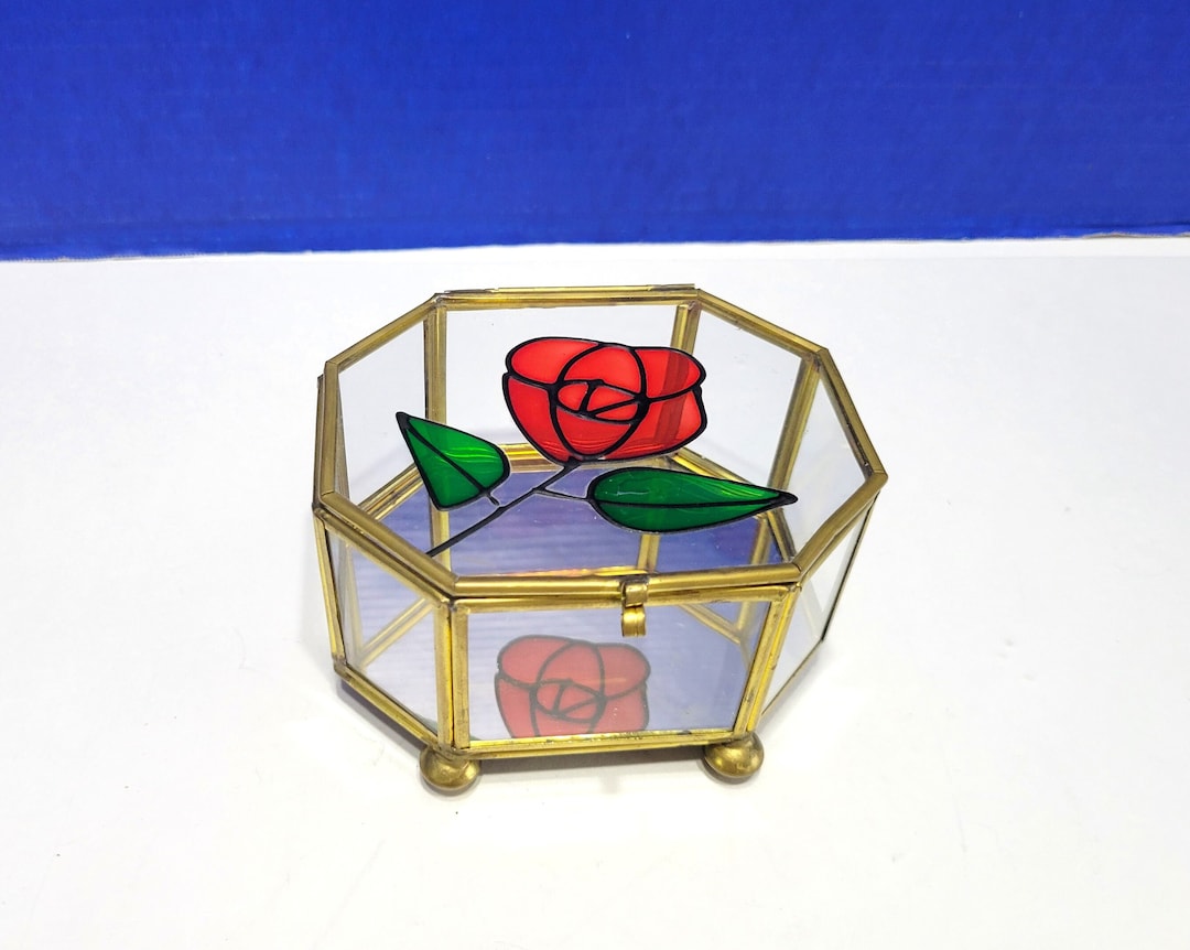 Vintage Octagon Brass and Glass Box Stained Glass Red Rose on Lid - Etsy