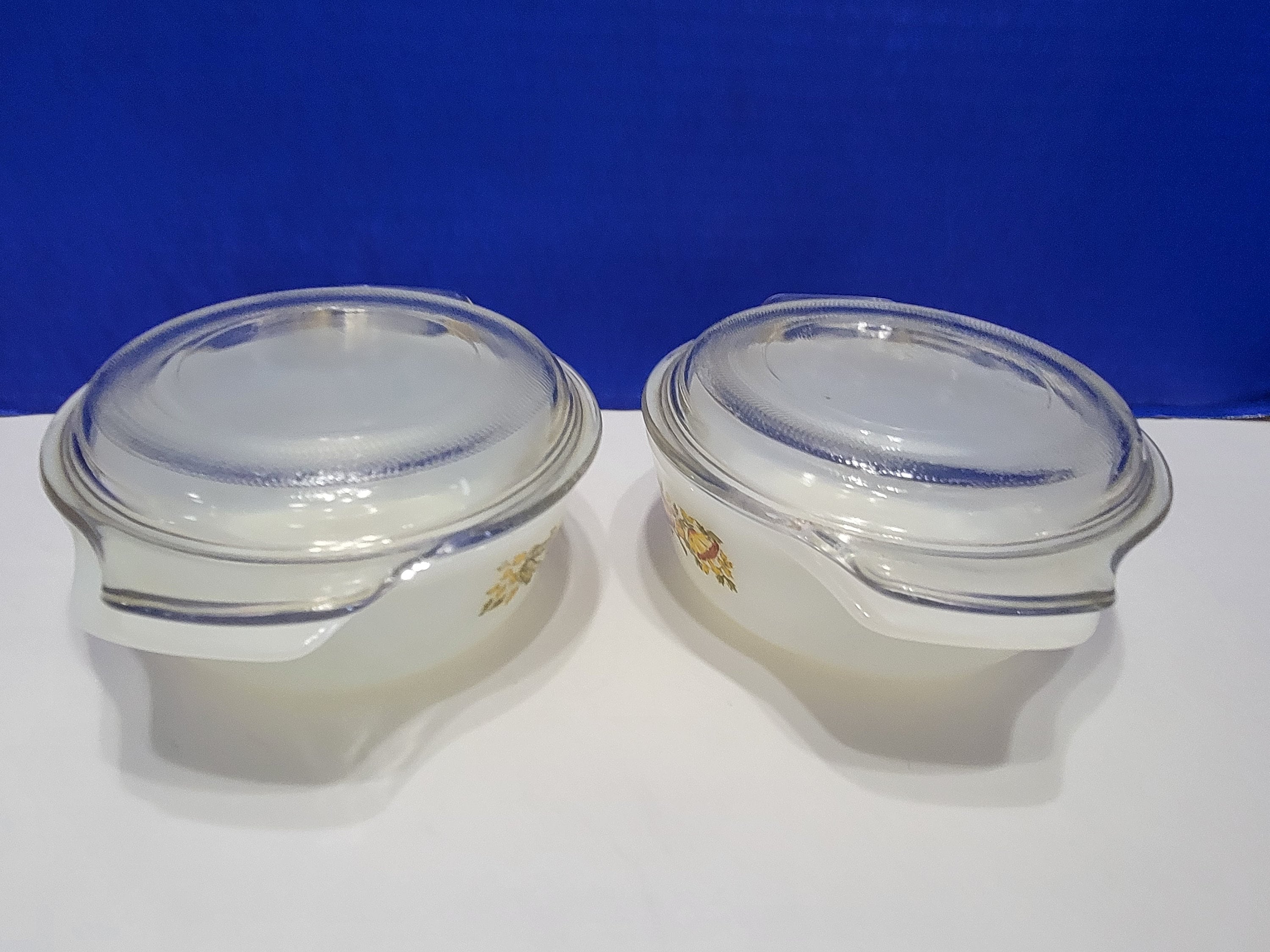 Pair Vintage Fire King Covered Casserole Dishes Harvest Vegetable 12 Ounces