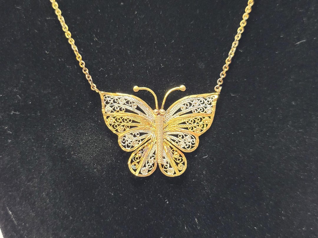 Vintage Sterling Silver Filigree Butterfly Necklace Silver and Gold ...
