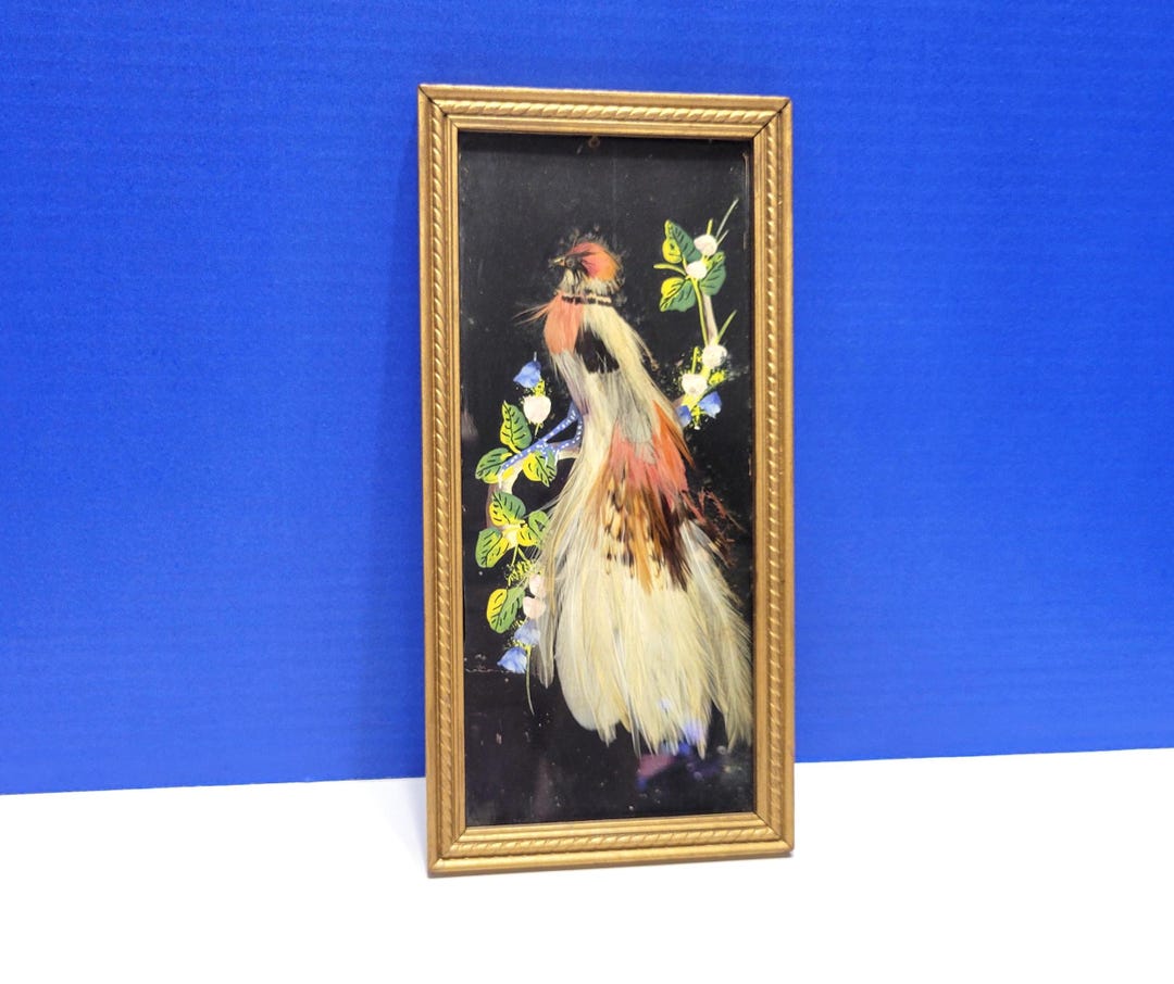 Vintage Feather Art Picture Tropical Bird in Frame Made in Mexico 9.5 X ...