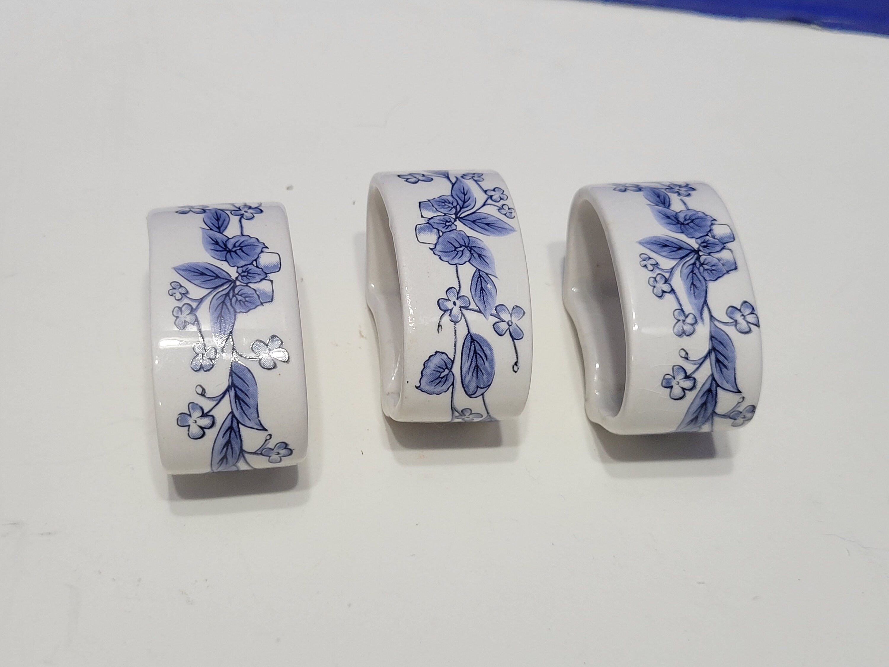 Vintage Blue and White Porcelain Napkin Rings Floral Set of 3