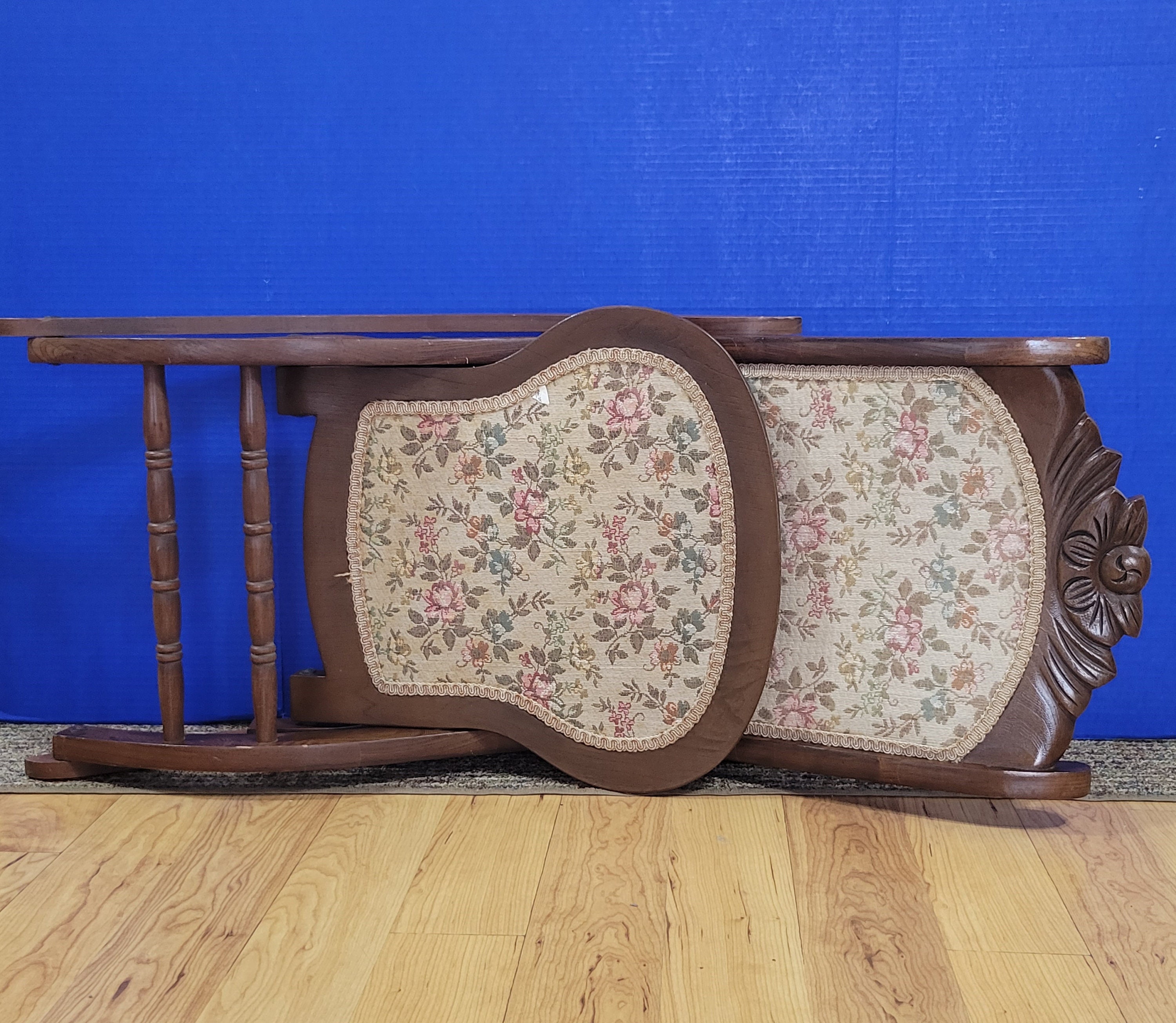 Vintage Wood Folding Rocking Chair Floral Tapestry