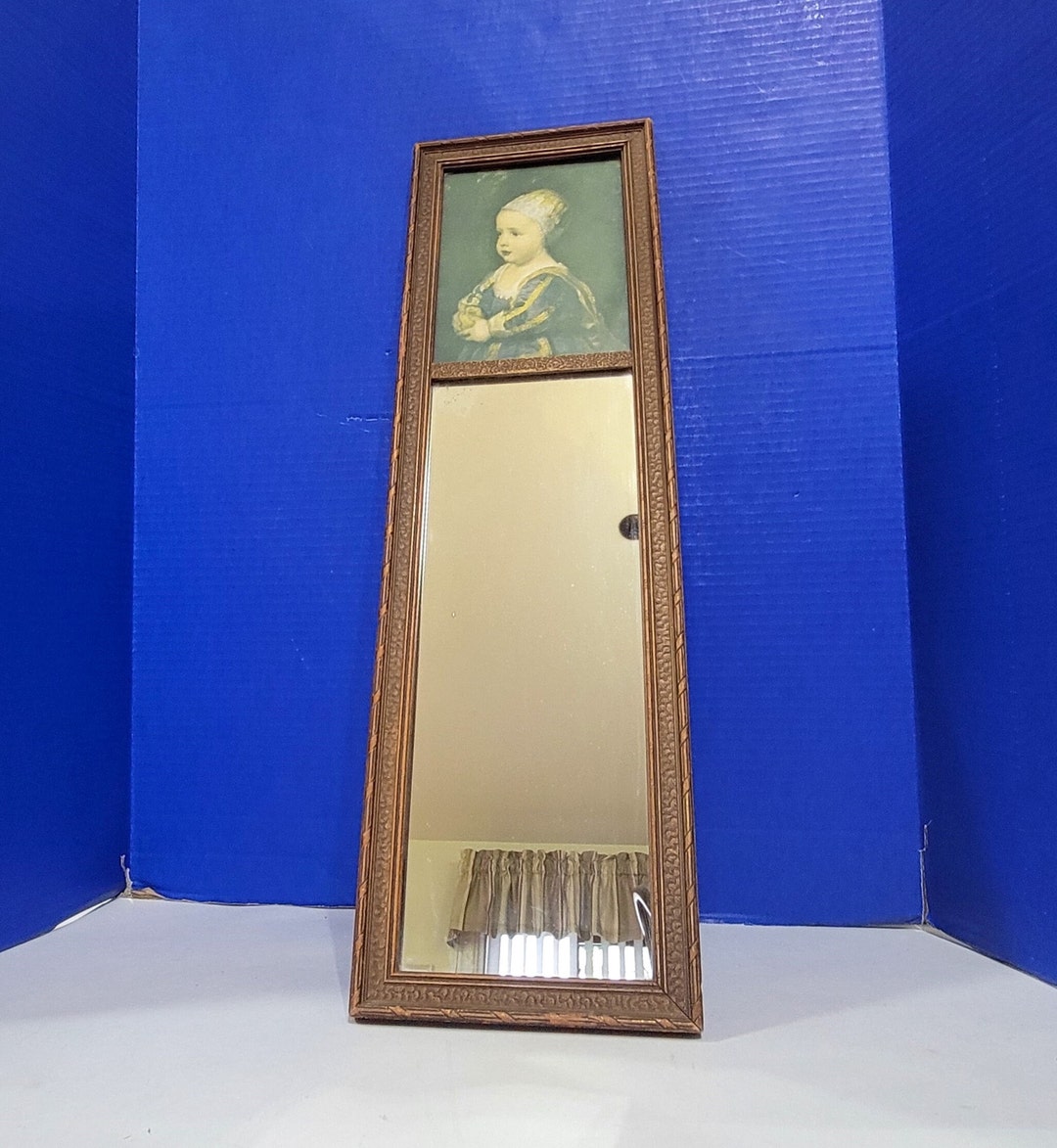 Vintage Vertical Elongated Mirror With Picture in Wood Frame - Etsy