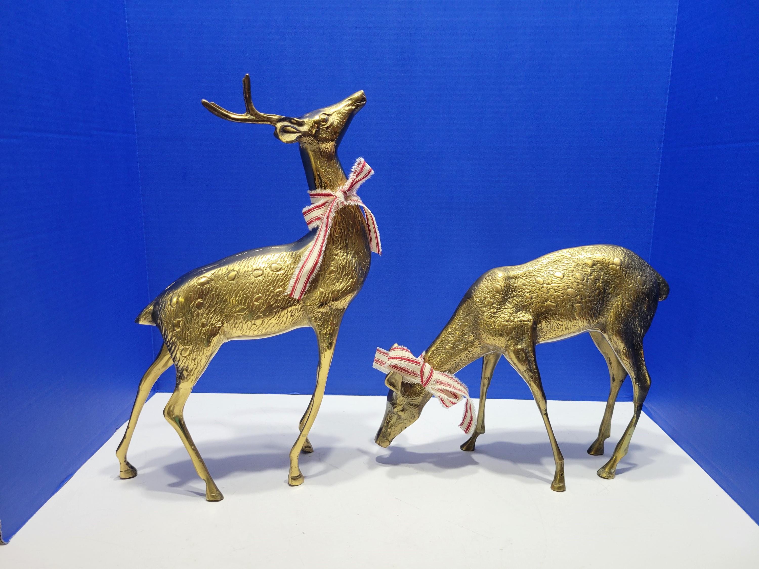 Extra Large Vintage Brass Deer Statues Pair Buck and Doe 14