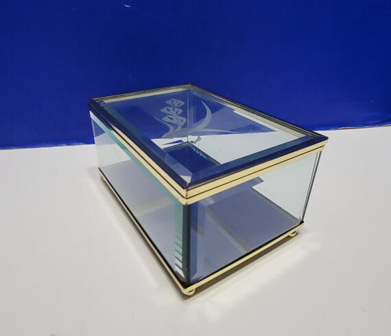 Vintage Beveled Glass Rectangular Box Etched Lid Jewe… - Gem