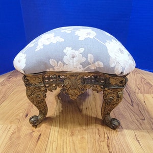 Antique Gold Cast Iron Ornate Foot Stool With Floral Upholstery - Etsy