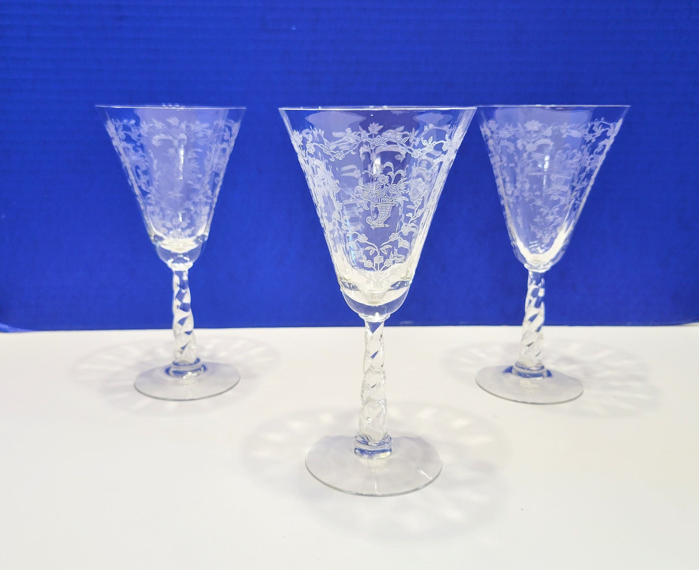Vintage Fostoria Fluted Wine Glasses Mayflower Etched Floral Set Of 3