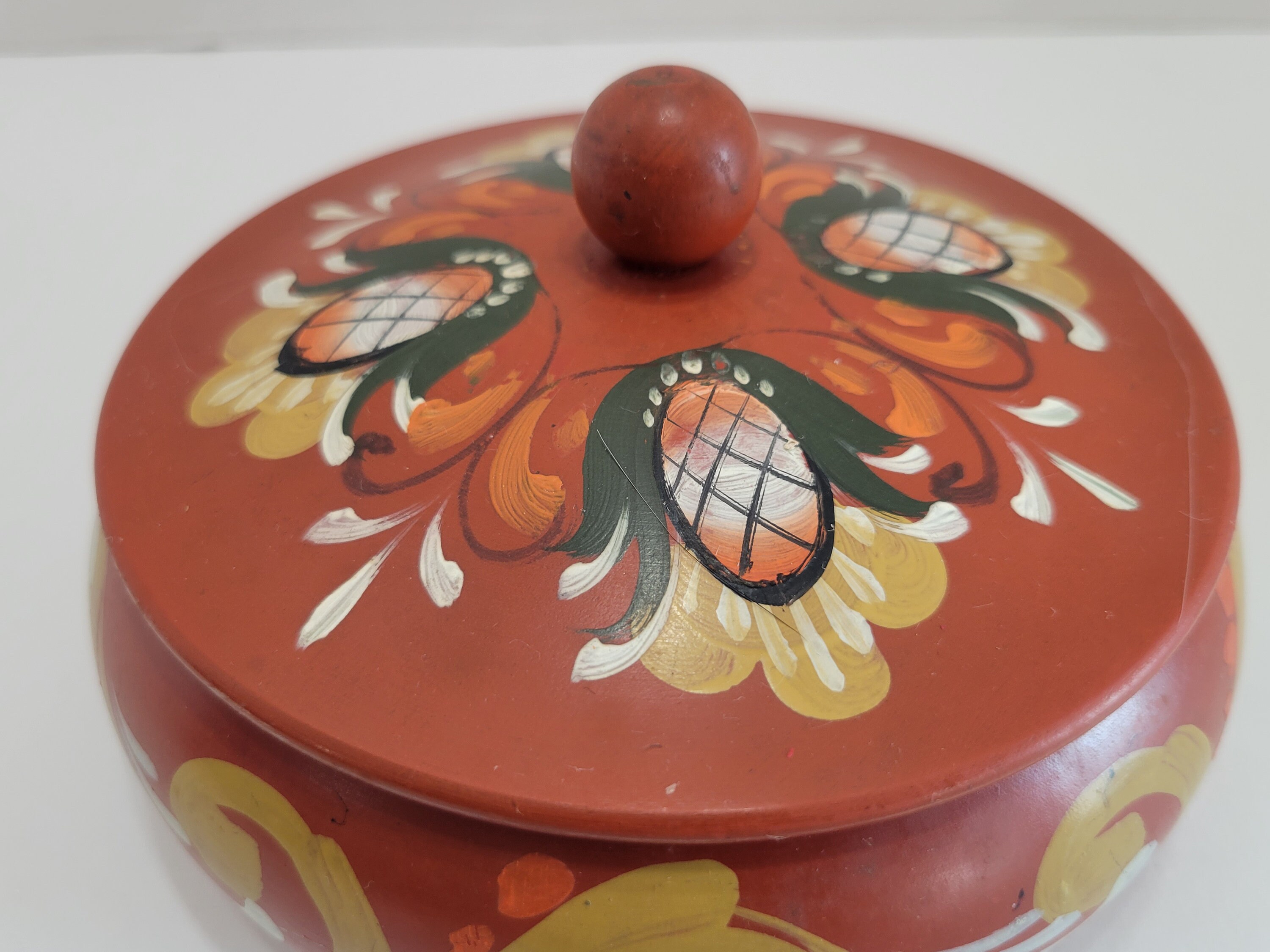 Vintage Scandinavian Covered Round Wood Box with Rosemaling