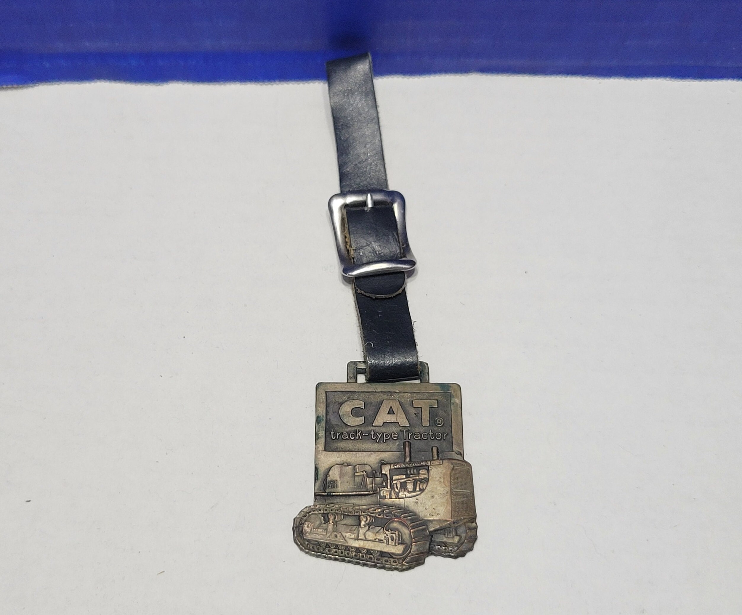 Vintage Caterpillar Tractor Pocket Watch Key Fob with Leather Strap