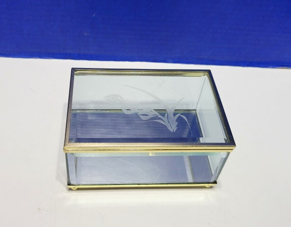 Vintage Beveled Glass Rectangular Box Etched Lid Jewe… - Gem
