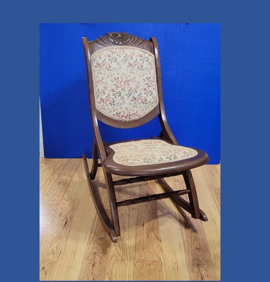 Vintage Wood Folding Rocking Chair Floral Tapestry