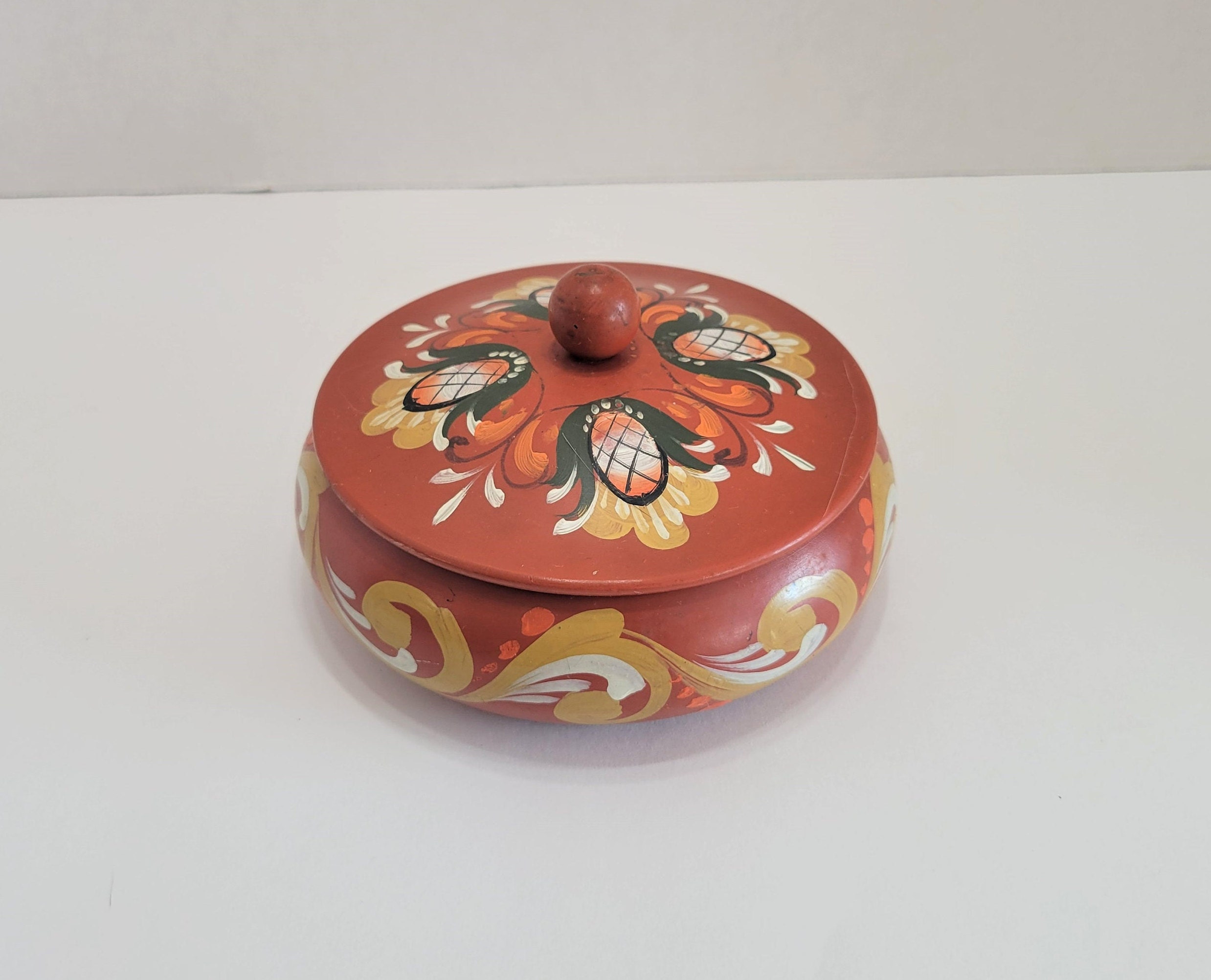 Vintage Scandinavian Covered Round Wood Box with Rosemaling