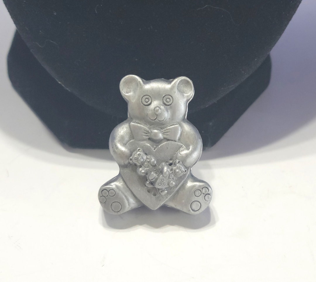 Vintage Pewter Teddy Bear Jewelry Set Brooch, Earrings, Necklace in Box ...