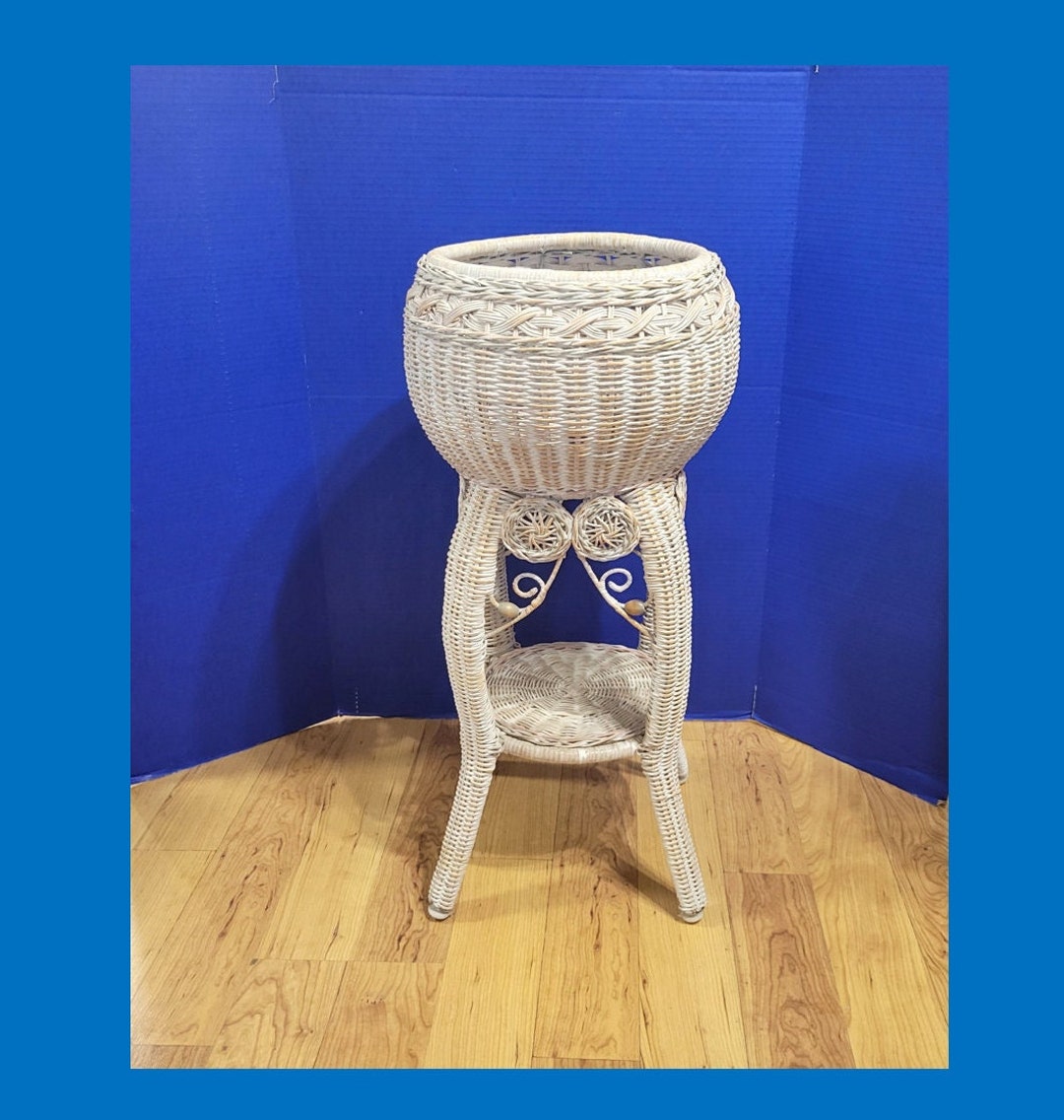 Vintage Tall White Wicker Planter Round Basin Curly Cues - Etsy