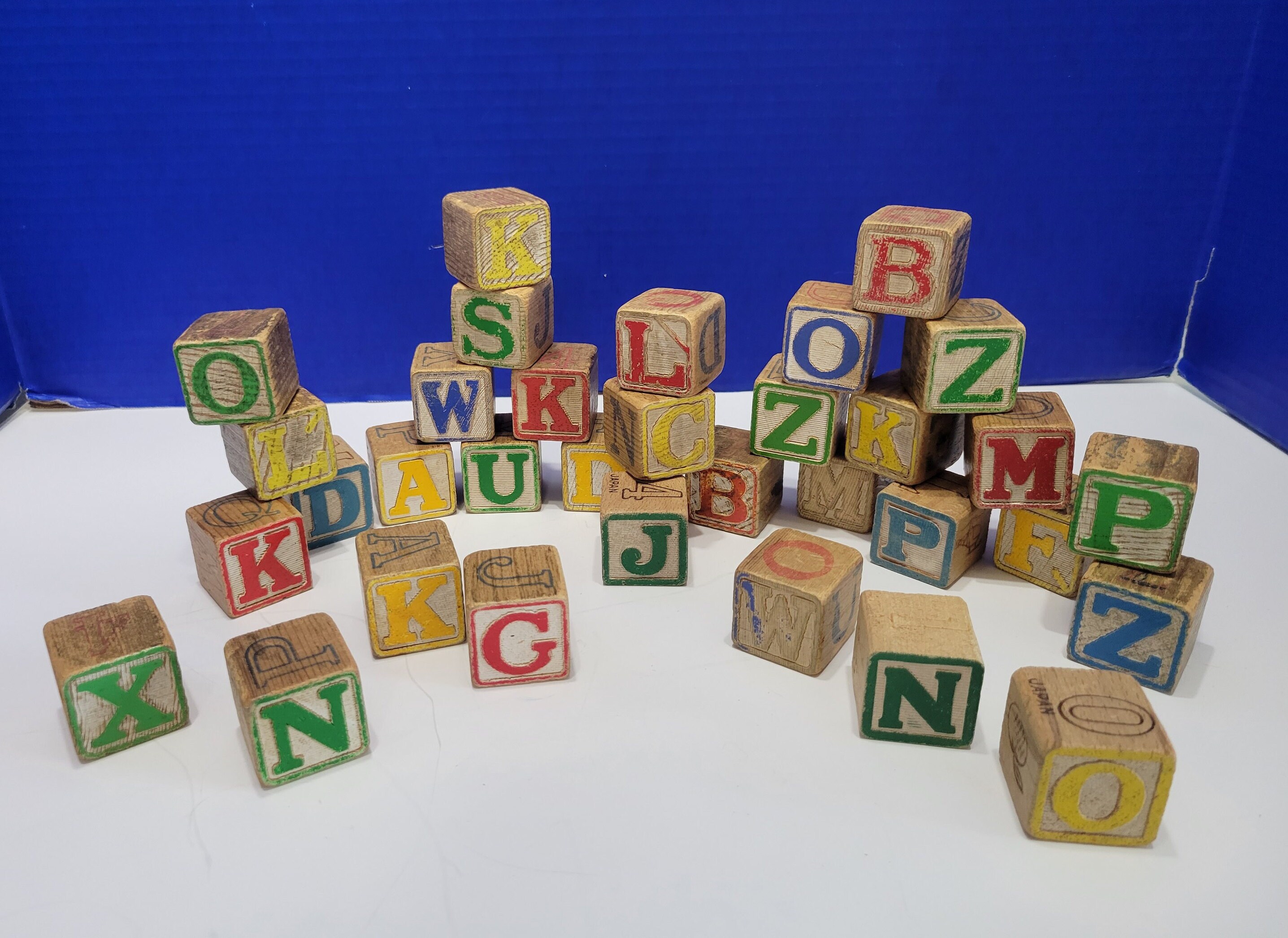Vintage Small ABC Alphabet Wood Blocks Lot of 34