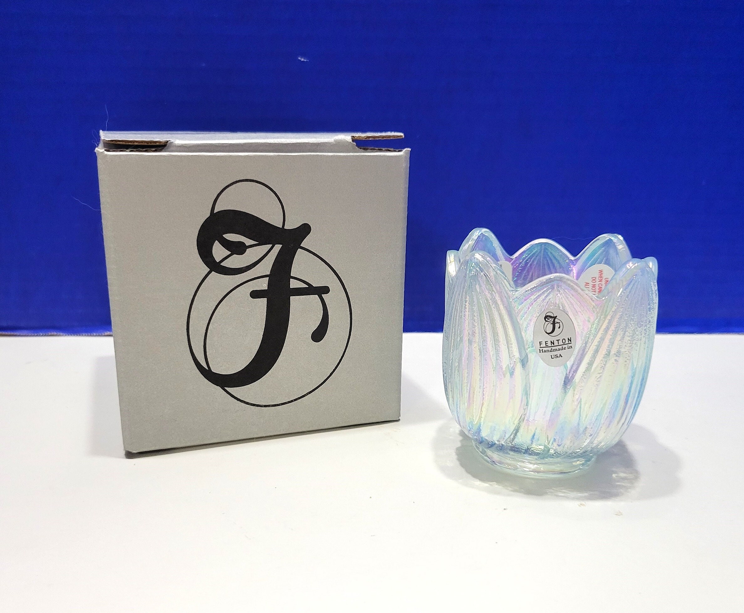 Vintage Fenton Iridescent Glass Tulip Tea Light Candle Holder In Original Box