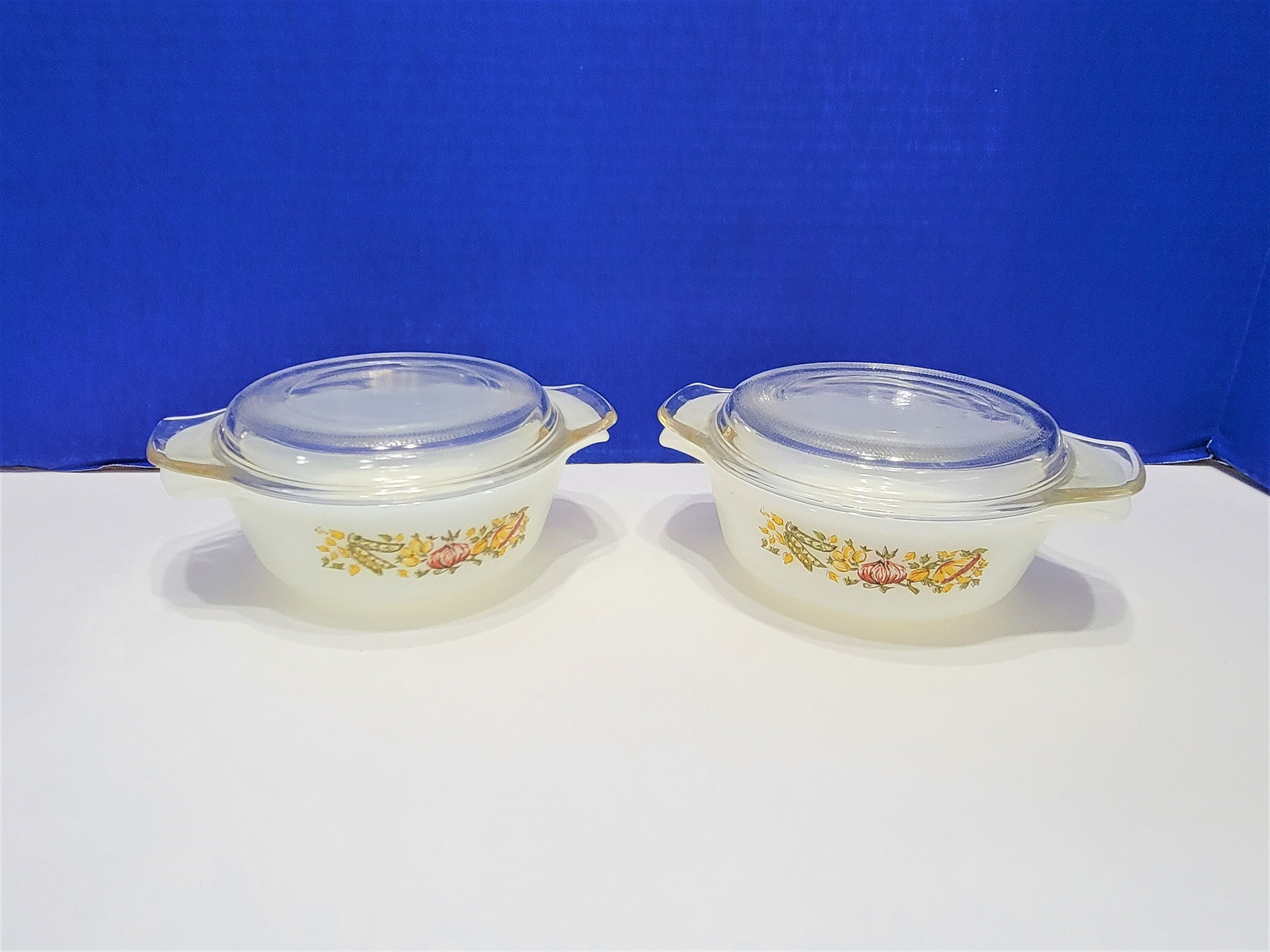 Pair Vintage Fire King Covered Casserole Dishes Harvest Vegetable 12 Ounces