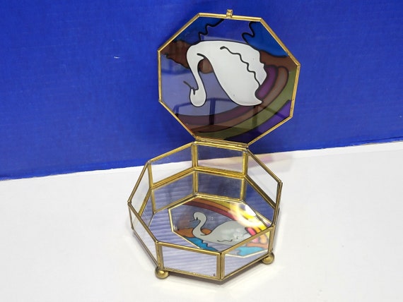 Vintage Octagon Brass and Glass Box Stained Glass Swa… - Gem