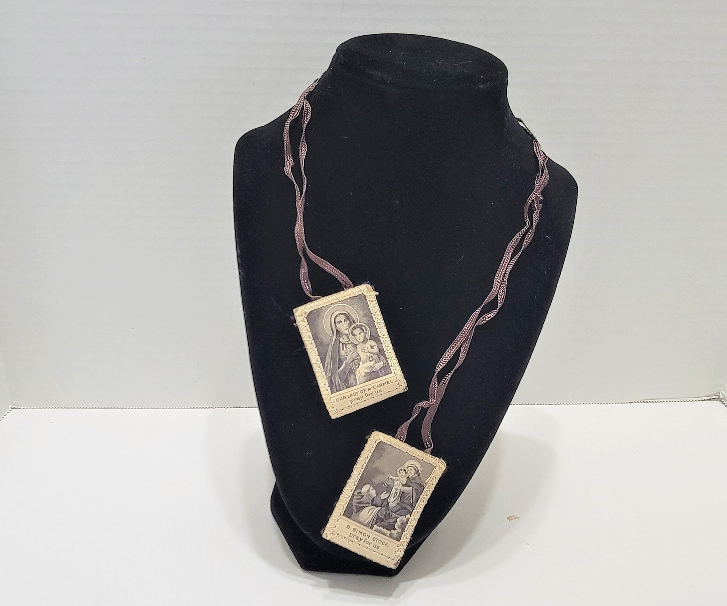 Vintage Brown Scapular with Our Lady of Mt. Carmel and Saint Simon Stock