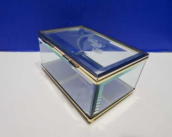 Vintage Beveled Glass Rectangular Box Etched Lid Jewe… - Gem
