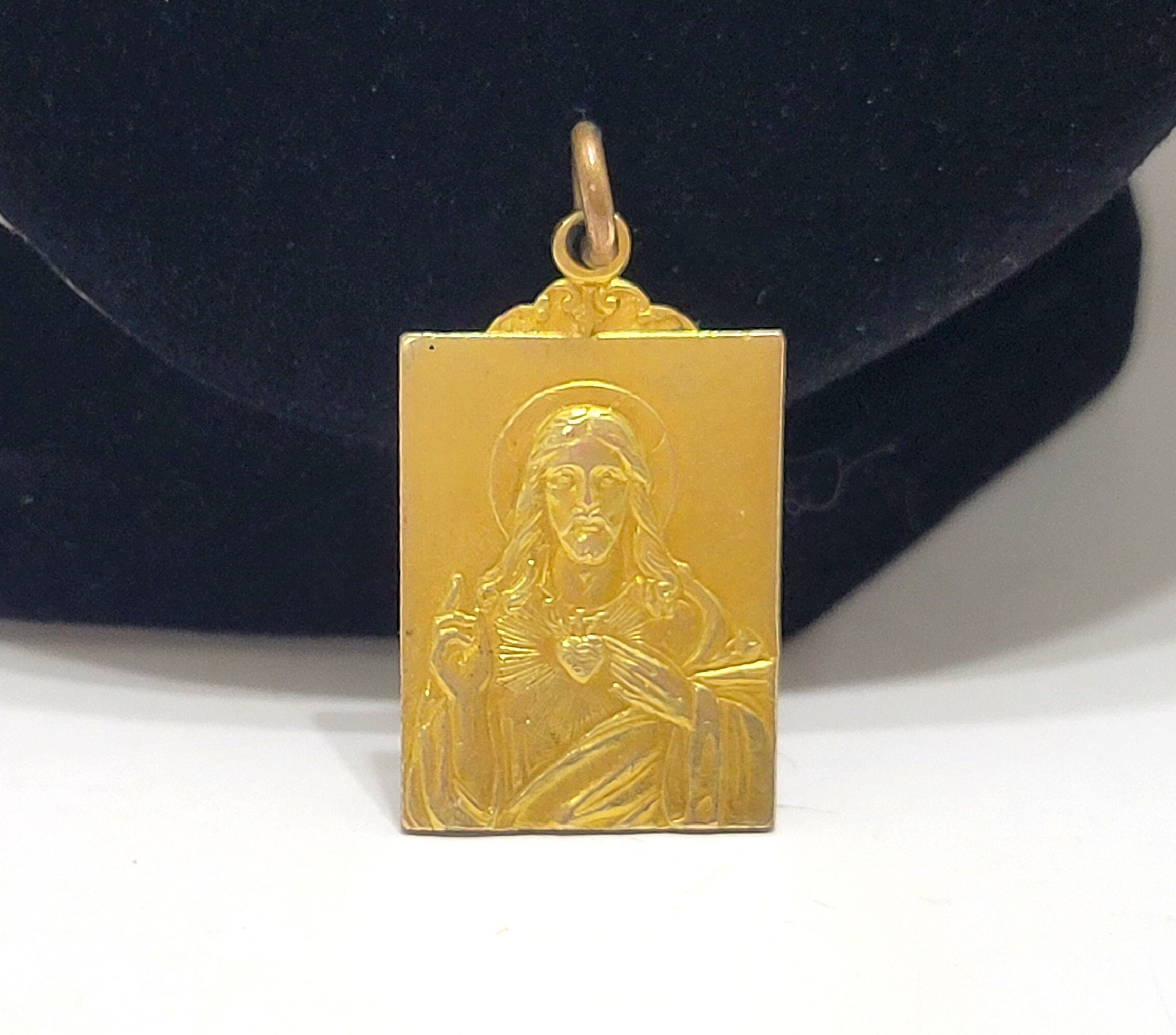 Vintage Gold Metal Sacred Heart Jesus Pendant Double Sided