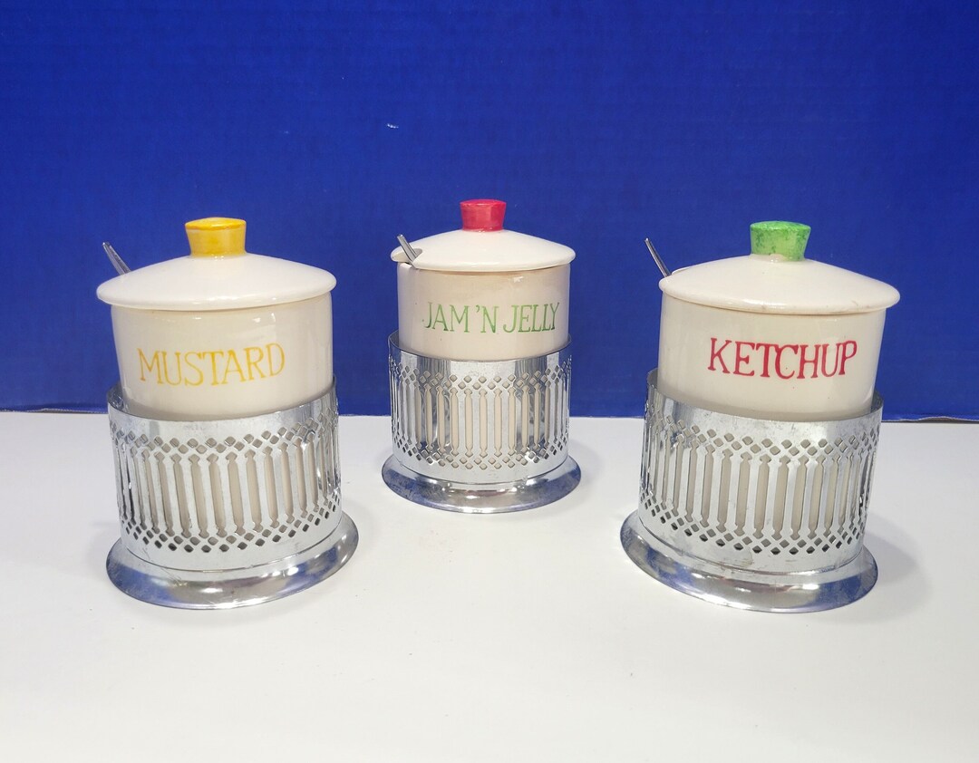 Midcentury Condiment Jars in Chrome Holder Bases With Spoons Set of 3 ...