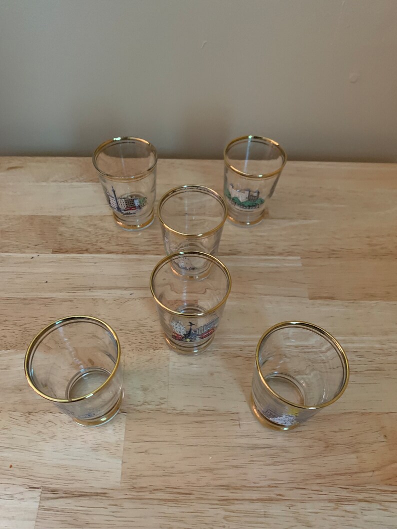 Vintage Set of Six (6) Antique Shot Glass With European Designs & Trim ...