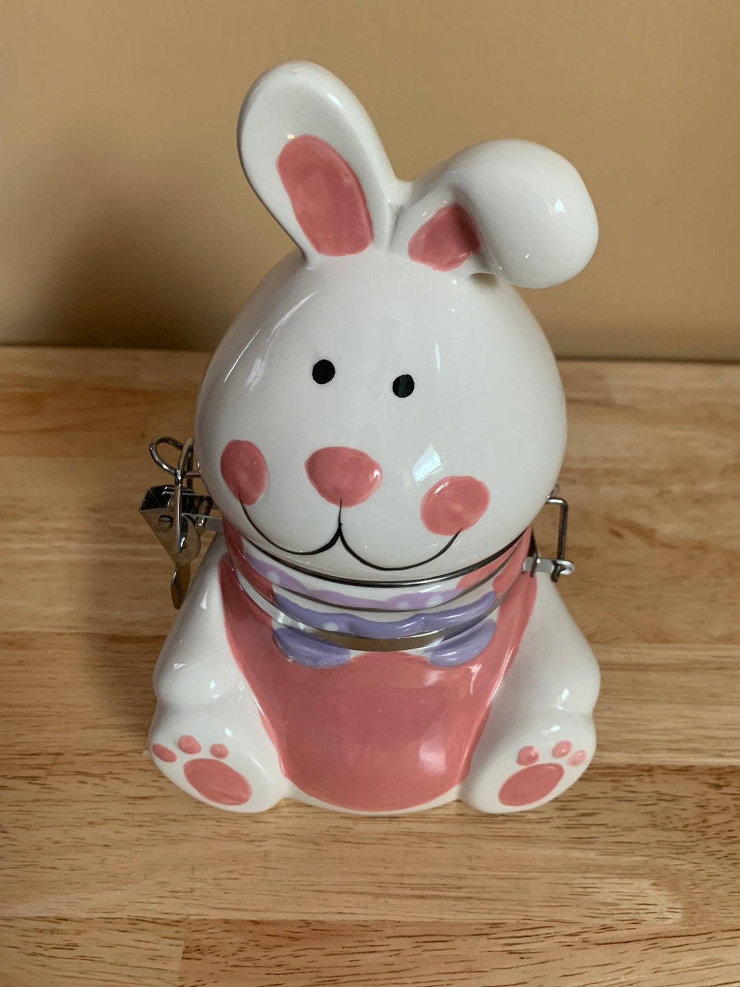 Ceramic PINK & WHITE* Sitting Bunny Rabbit* Cookie Jar* With Metal ...