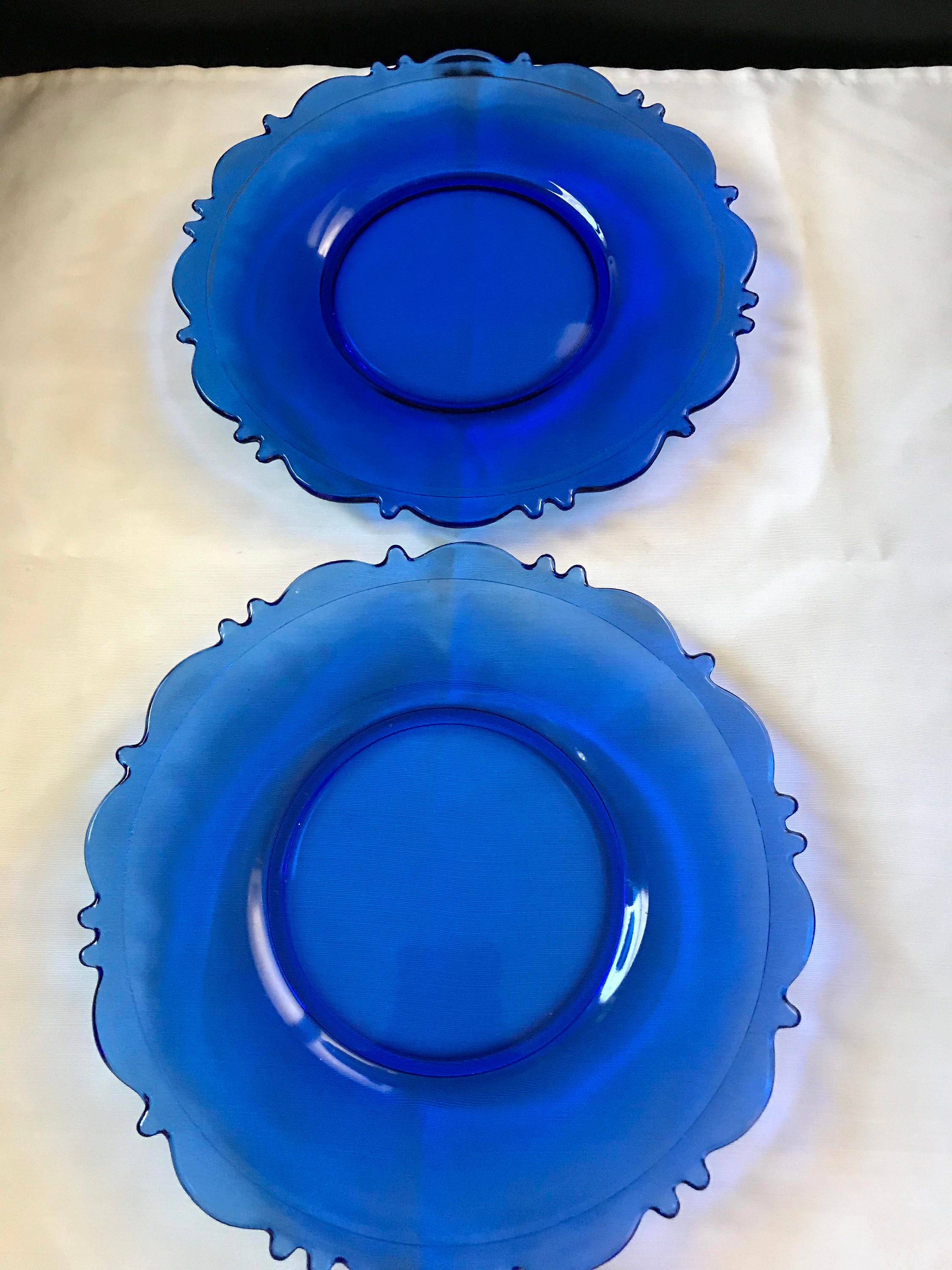 Set of Three 3 Cobalt Blue Glass Plates With Decorative Scalloped Edges ...
