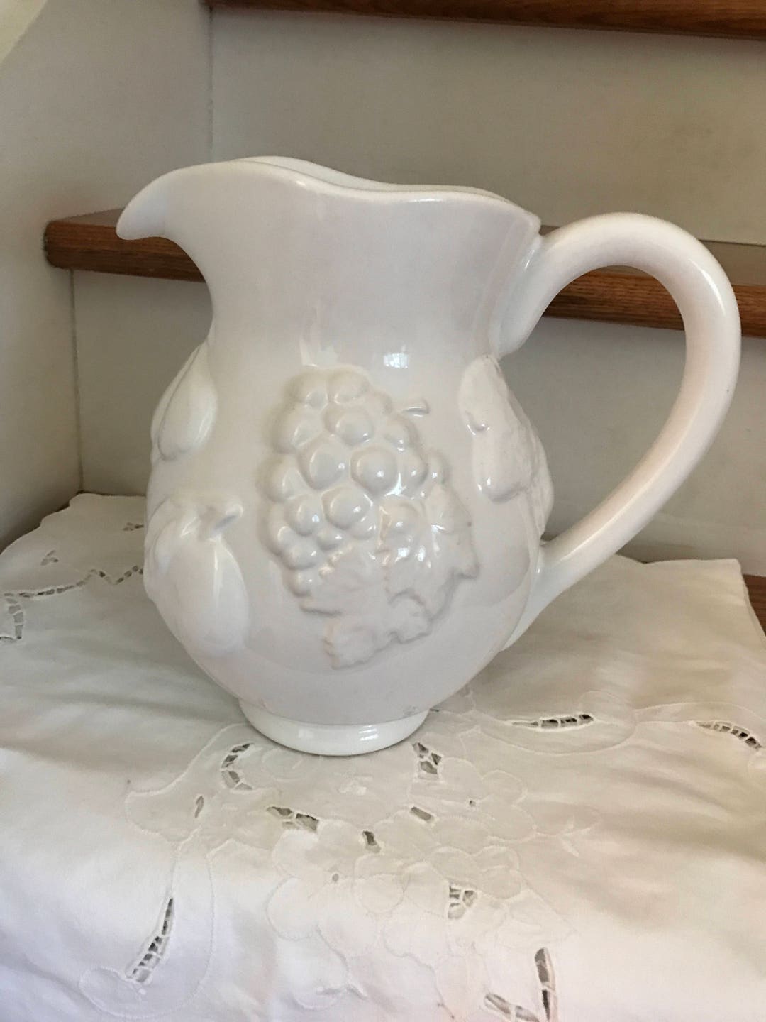 Large White Porcelain/ceramic Water Pitcher With Embossed Grape Design ...