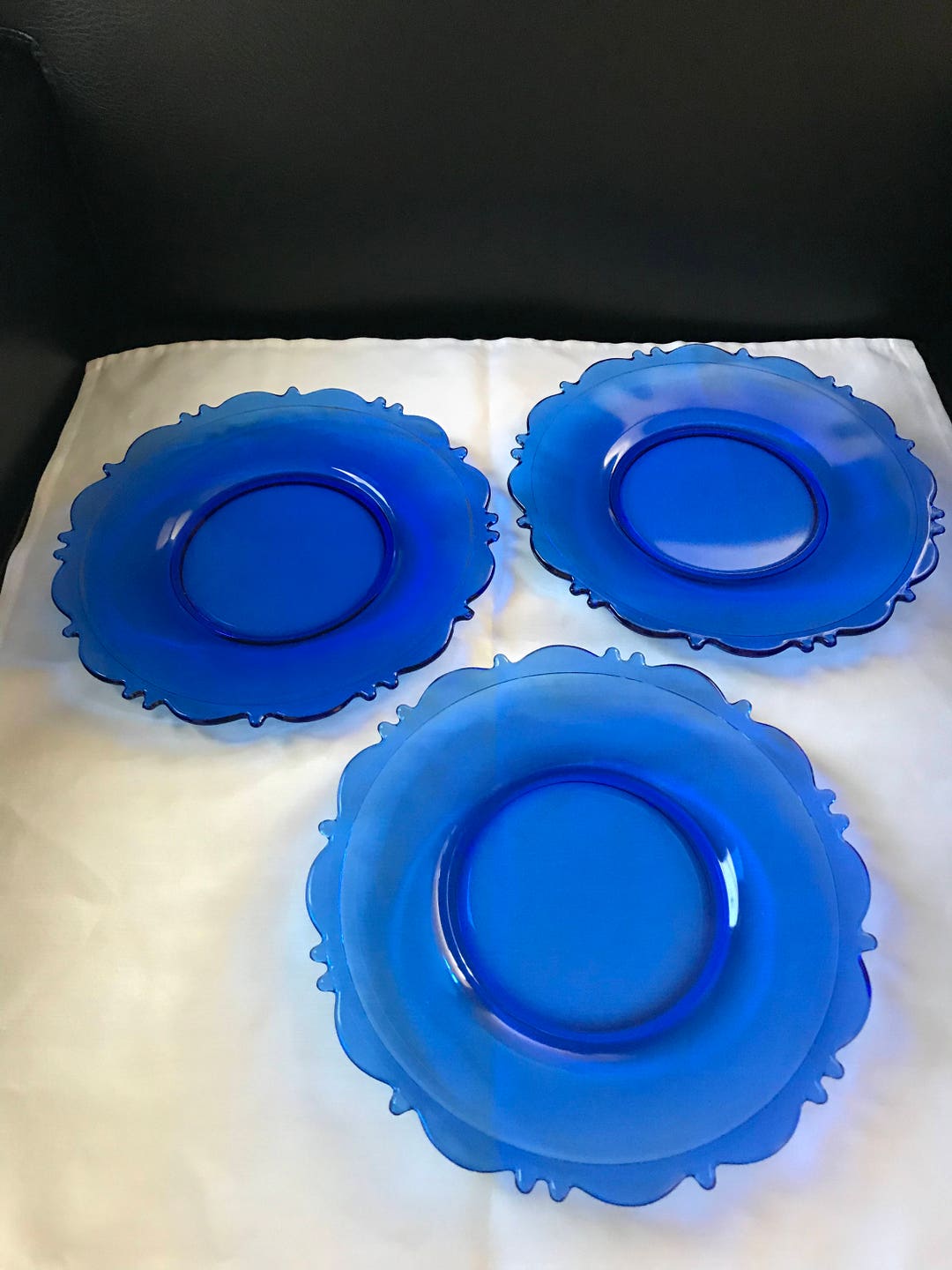 Set of Three (3) Cobalt Blue Glass Plates With Decorative Scalloped ...