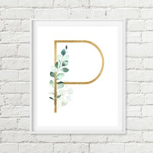 Eucalyptus Leaf Monogram Printable Wall Art, Gold Glitter Letters ...