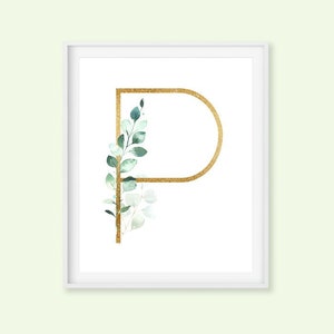 Eucalyptus Leaf Monogram Printable Wall Art, Gold Glitter Letters ...