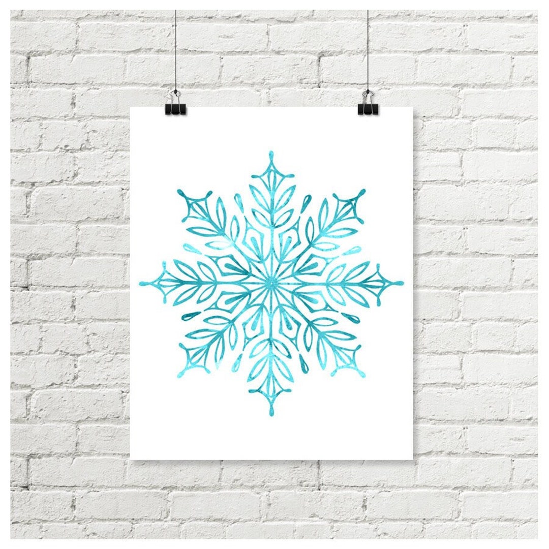 Snowflake Printable Art, Aqua Teal Blue Christmas Watercolor Art ...