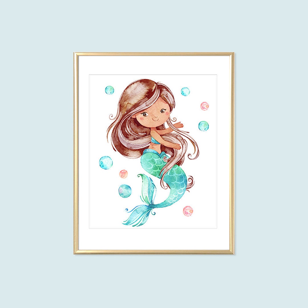 Mermaid Print Brown Hair Mermaid Printable Wall Art, Girls Aqua Pink ...