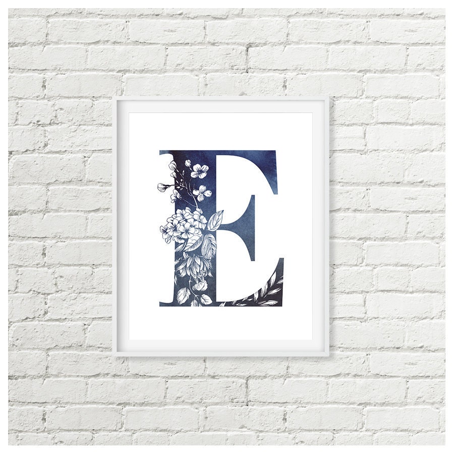 Custom Monogram Printable Art Floral Blue Watercolor Letter - Etsy Canada