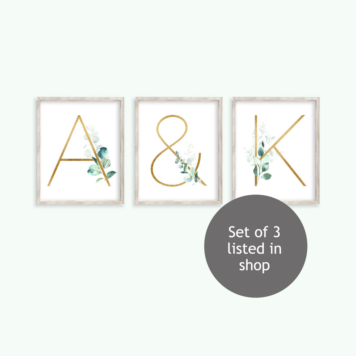 Eucalyptus Leaf Monogram Printable Wall Art, Gold Glitter Letters ...