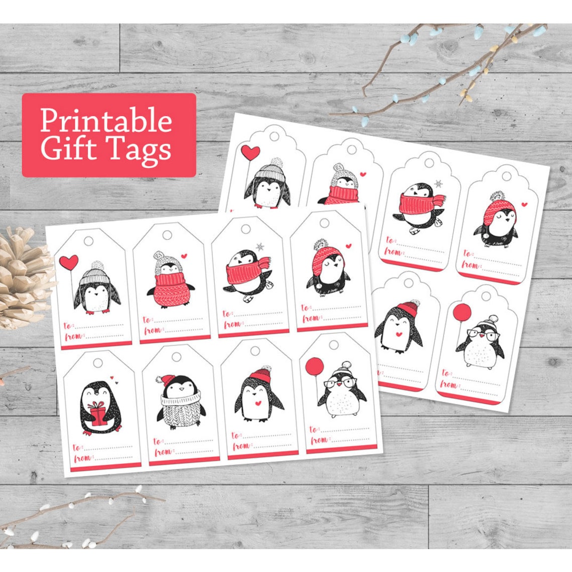 Penguin Printable Gift Tags Set of 8 DIY Hipster Penguin Tags - Etsy