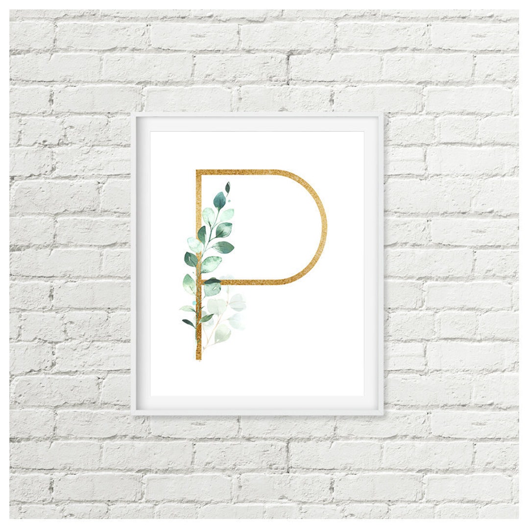 Eucalyptus Leaf Monogram Printable Wall Art, Gold Glitter Letters ...