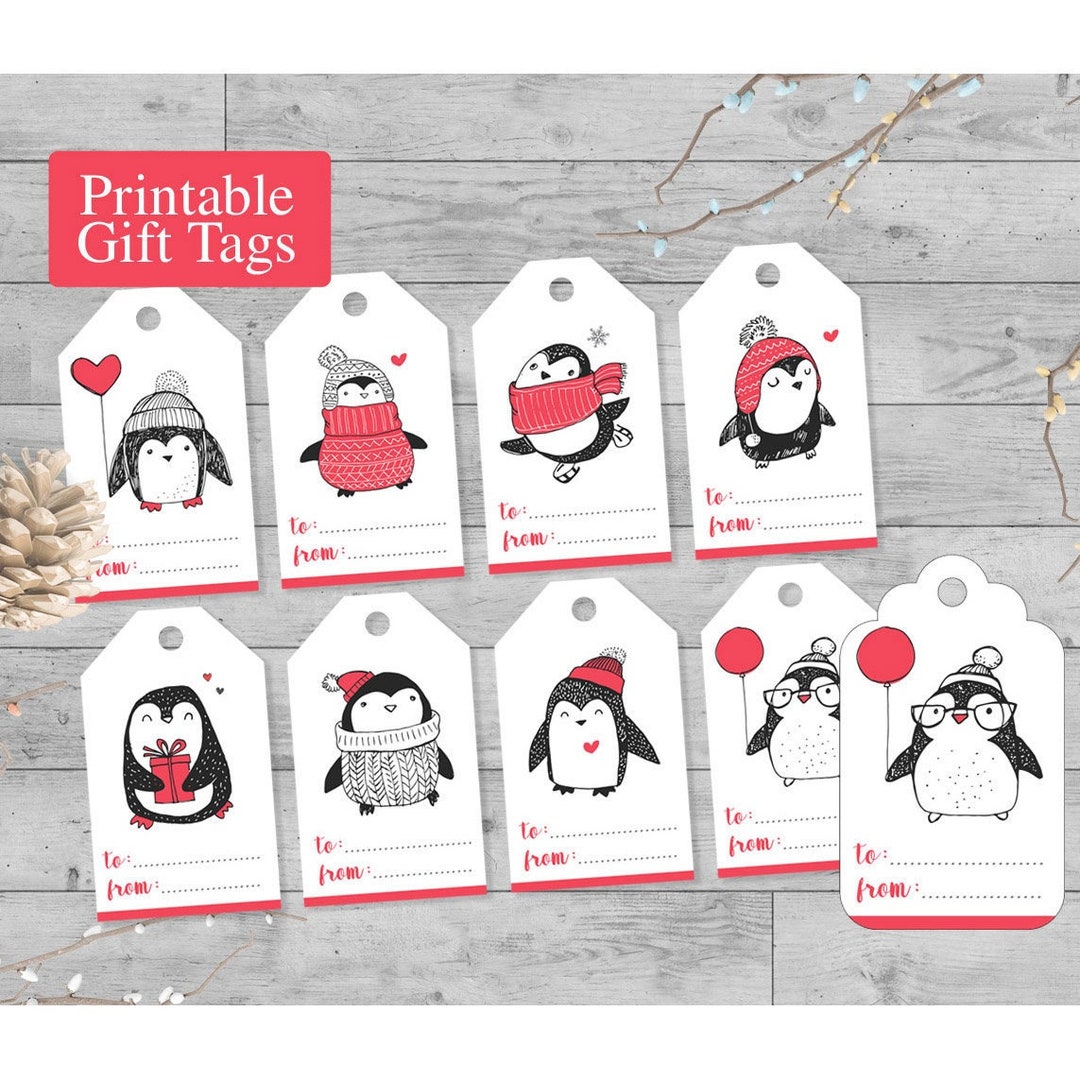 Penguin Printable Gift Tags, Set of 8 DIY Hipster Penguin Tags Red ...