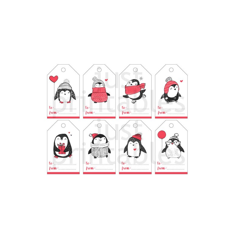 Penguin Printable Gift Tags, Set of 8 DIY Hipster Penguin Tags Red ...