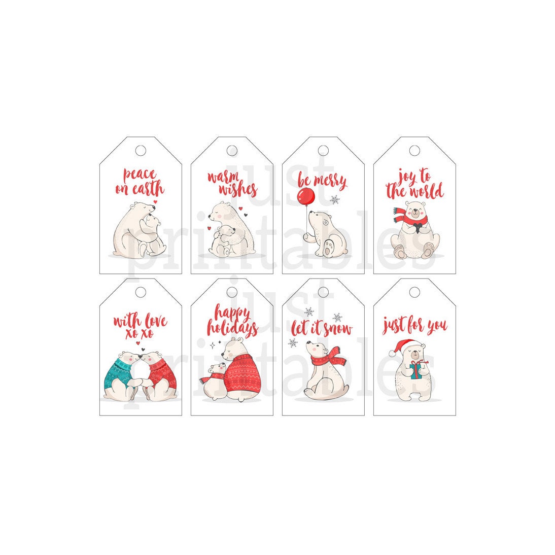 Printable Gift Tags Polar Bears Set of 8 Holiday Message DIY | Etsy