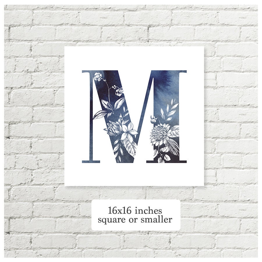 Custom Monogram Printable Art Floral Blue Watercolor Letter - Etsy Canada