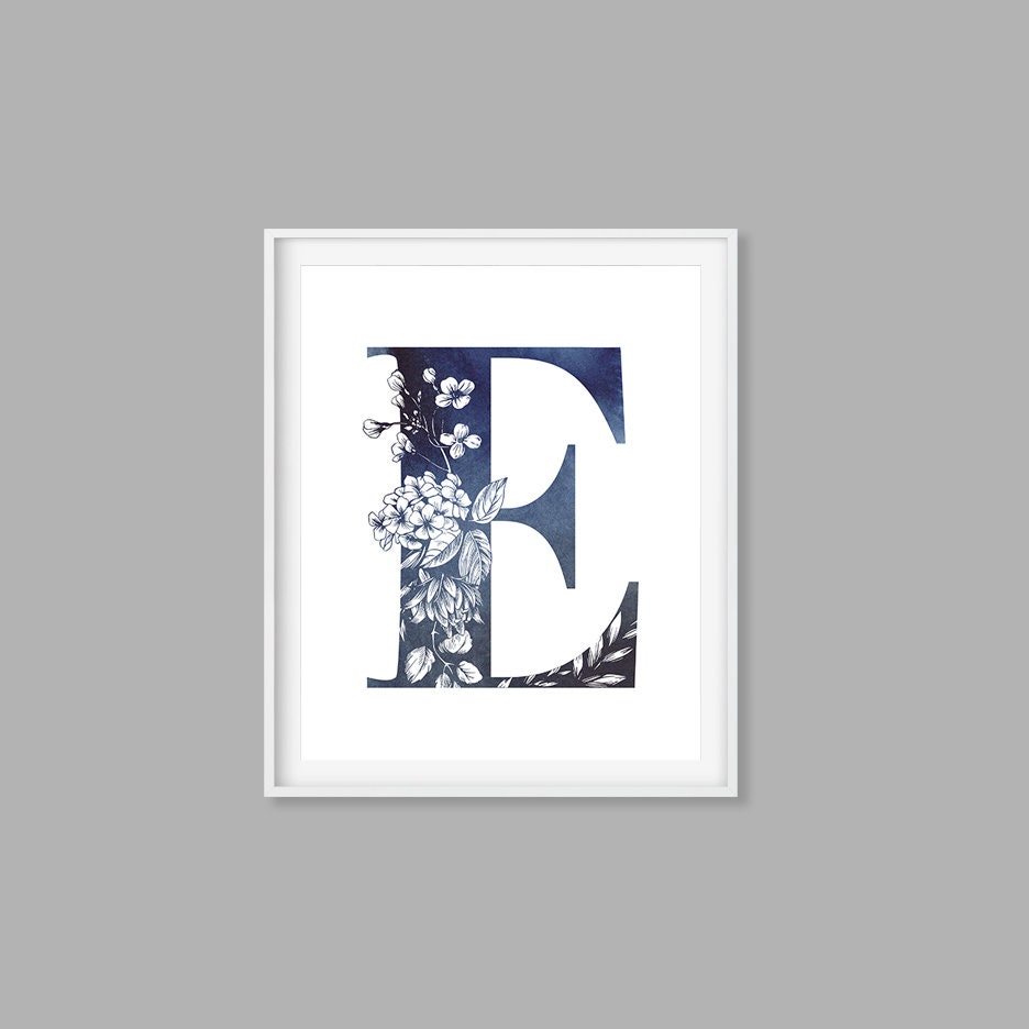 Custom Monogram Printable Art Floral Blue Watercolor Letter - Etsy Canada