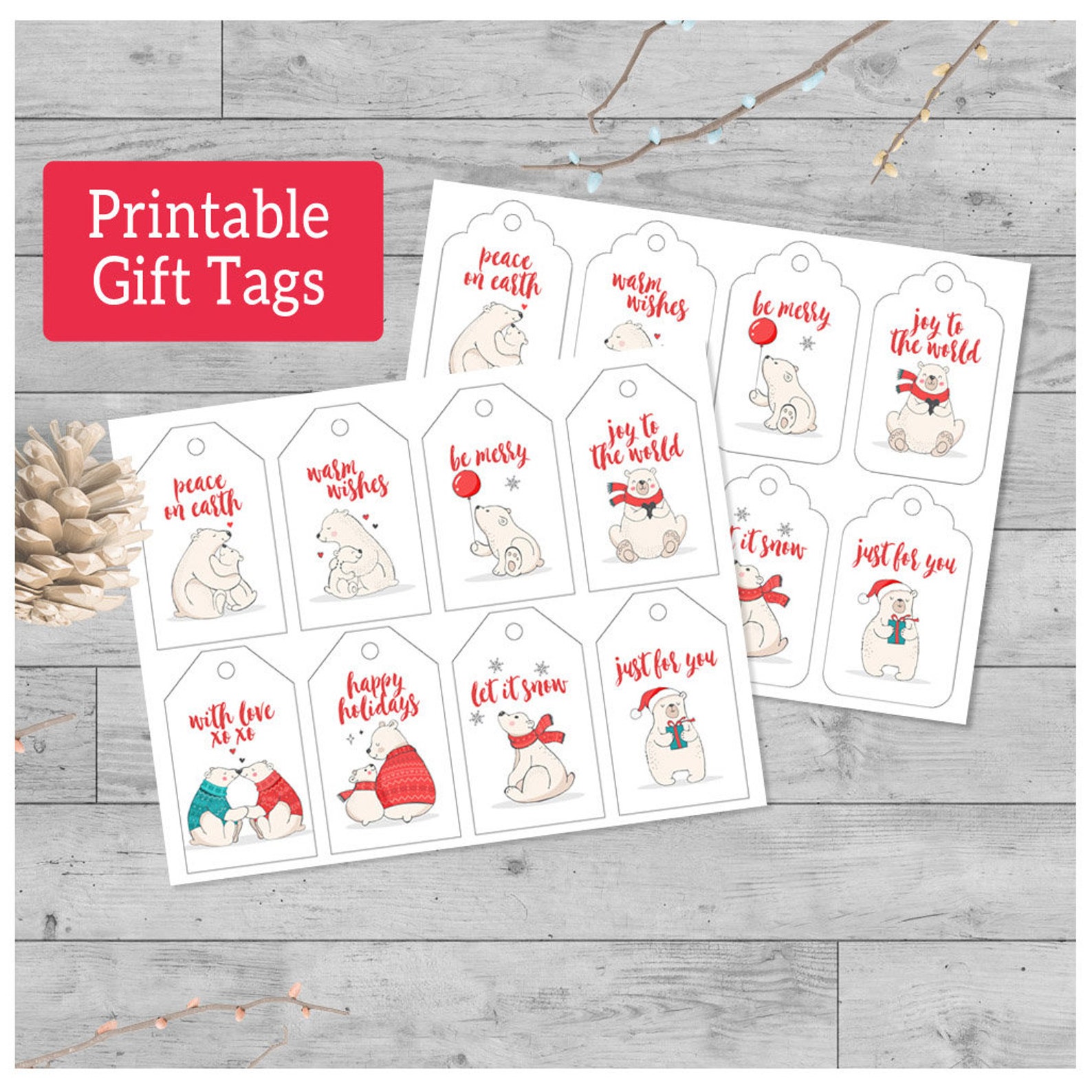 Printable Gift Tags Polar Bears Set of 8 Holiday Message DIY | Etsy