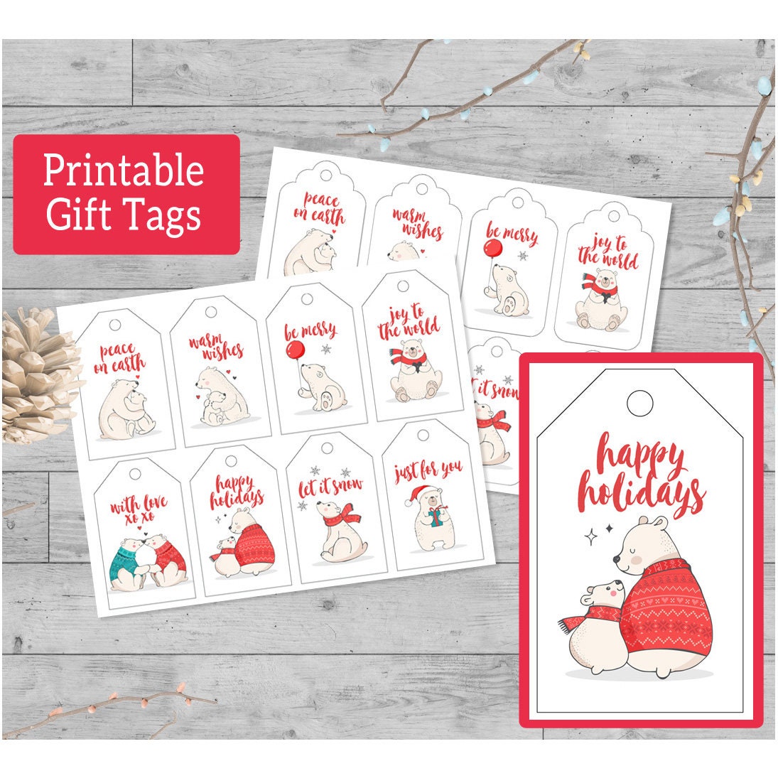 Printable Gift Tags Polar Bears Set of 8 Holiday Message DIY | Etsy