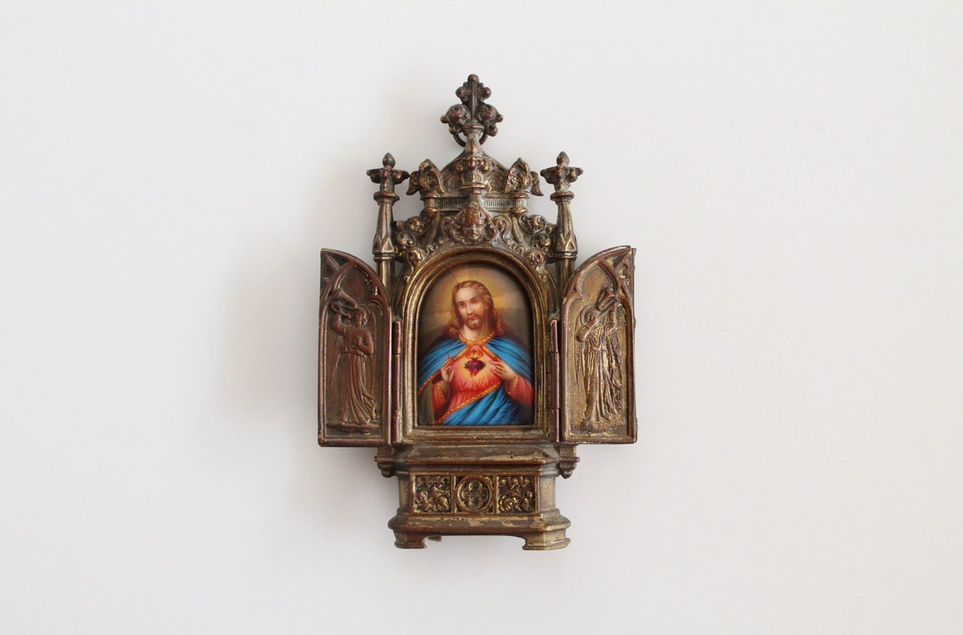 6-1/2" 19th Century French Bronze Oratory Triptych Travel Shrine With ...