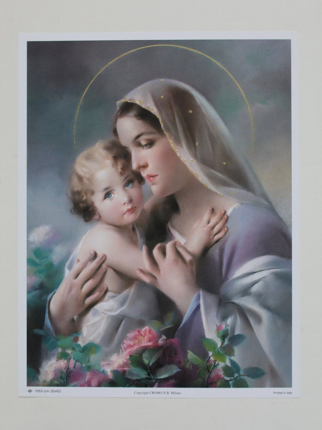 Pristine 17-1/2" Madonna and Child Religious Print Picture Art ...