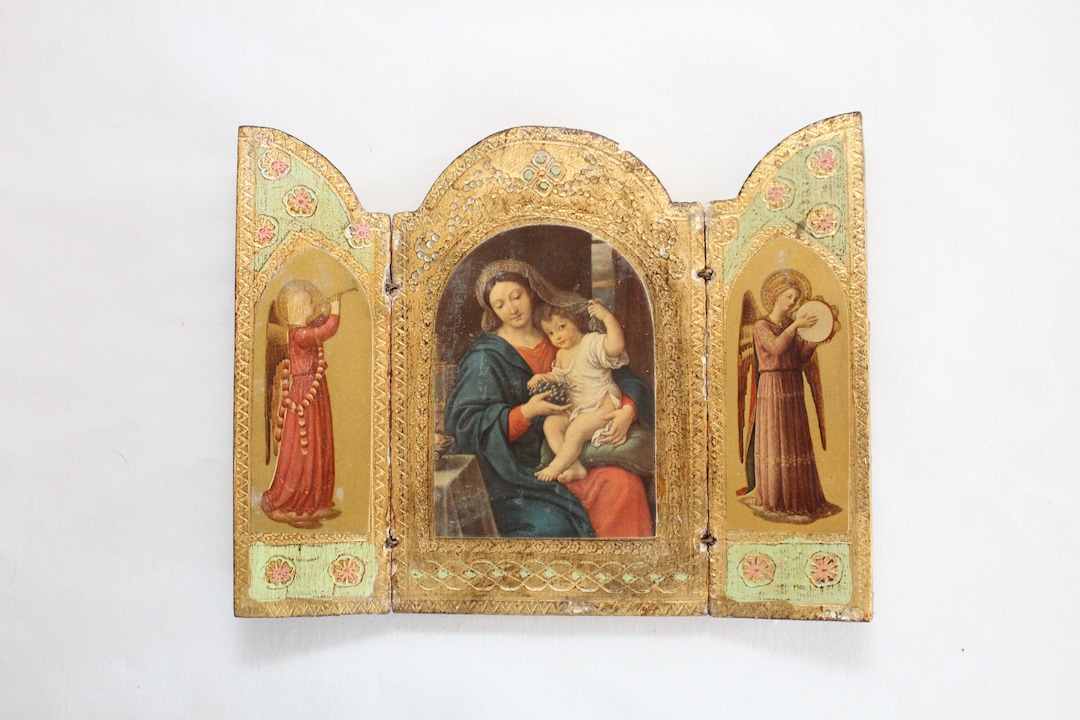 5-1/2 Virgin of the Grapes madonna Del Grappolo Altar Piece Travel Shrine Florentine Triptych ...